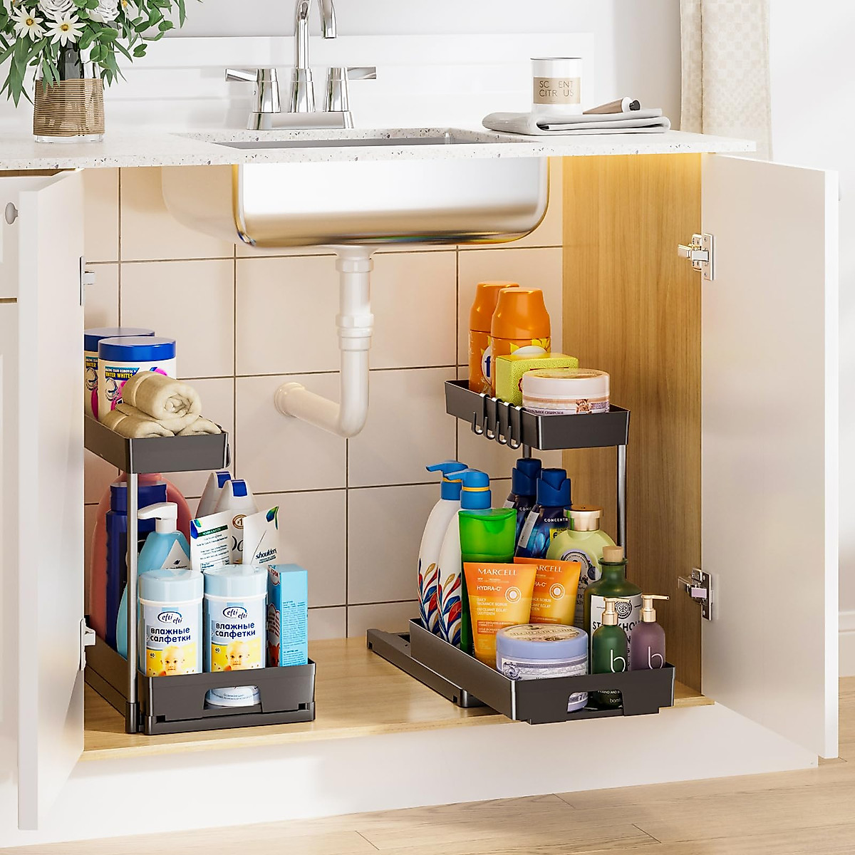 TidyLamu 2 Pack Under Sink Organizers and Storage, 2 Tier L-Shape Pull Out Under Cabinet Organizer, Black Under Bathroom Kitchen Sink Organizer with Drawer for Under Counter Storage Organizer