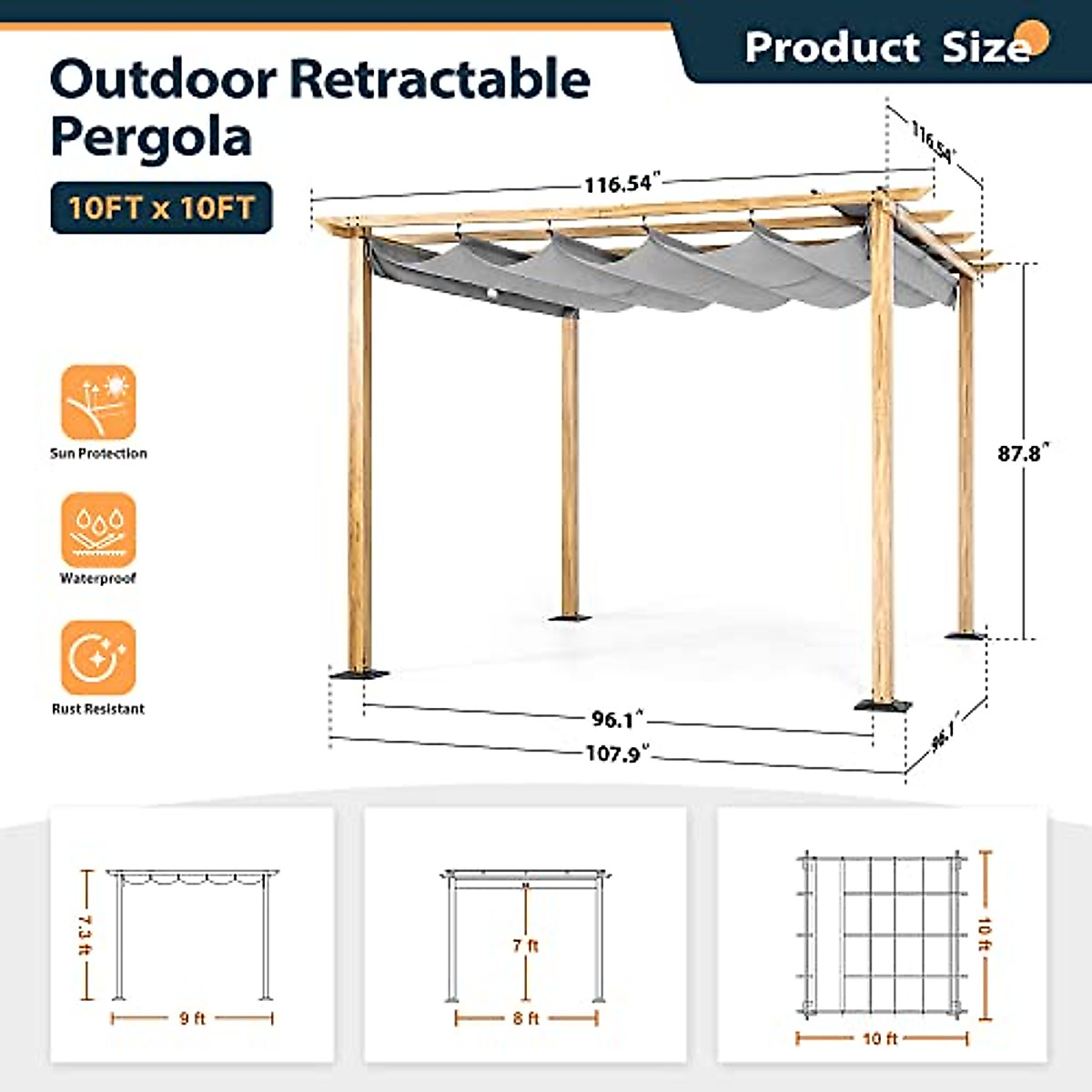HAPPATIO 10' X 10' Pergola Retractable Pergola Canopy for Backyard, Garden, Patio; Woodgrain-Look Aluminum Pergola with Retractable Pergola Canopy, Includes Anchors and Expansion Screws (Grey)