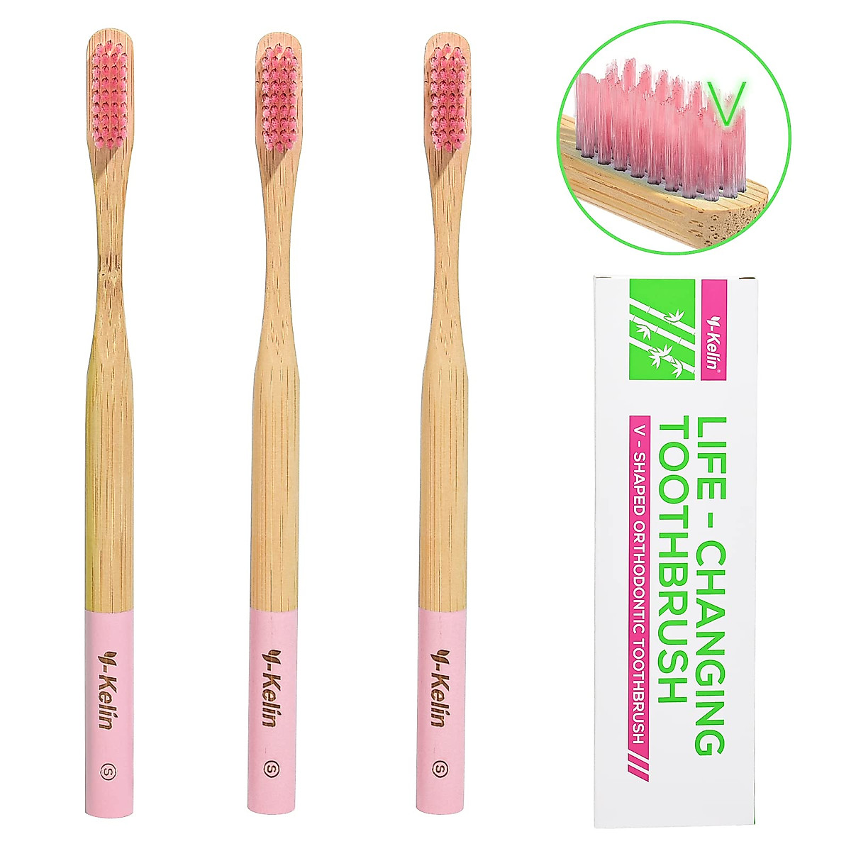 Y-Kelin Bamboo V-Shaped Orthodontic Toothbrush，Eco Friendly Bamboo Toothbrush（3pcs） Soft Bristle Toothbrush (Pink Soft)