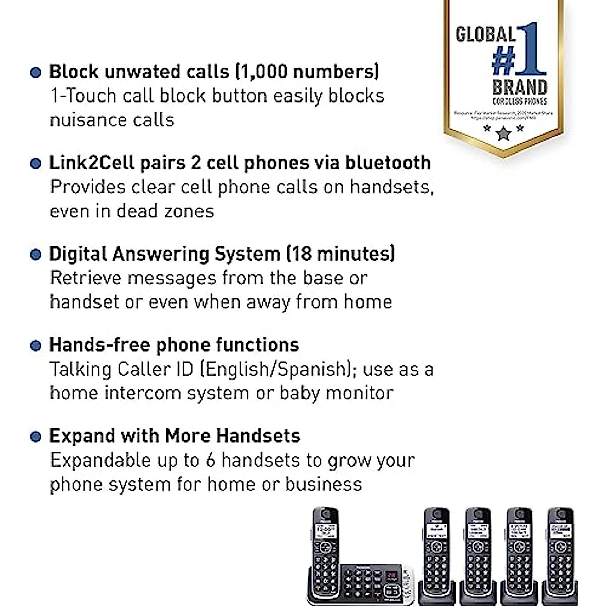 Panasonic Link2Cell Bluetooth DECT 6.0 Expandable Cordless Phone System with Answering Machine and Enhanced Noise Reduction - 5 Handsets - KX-TGE675B (Black)