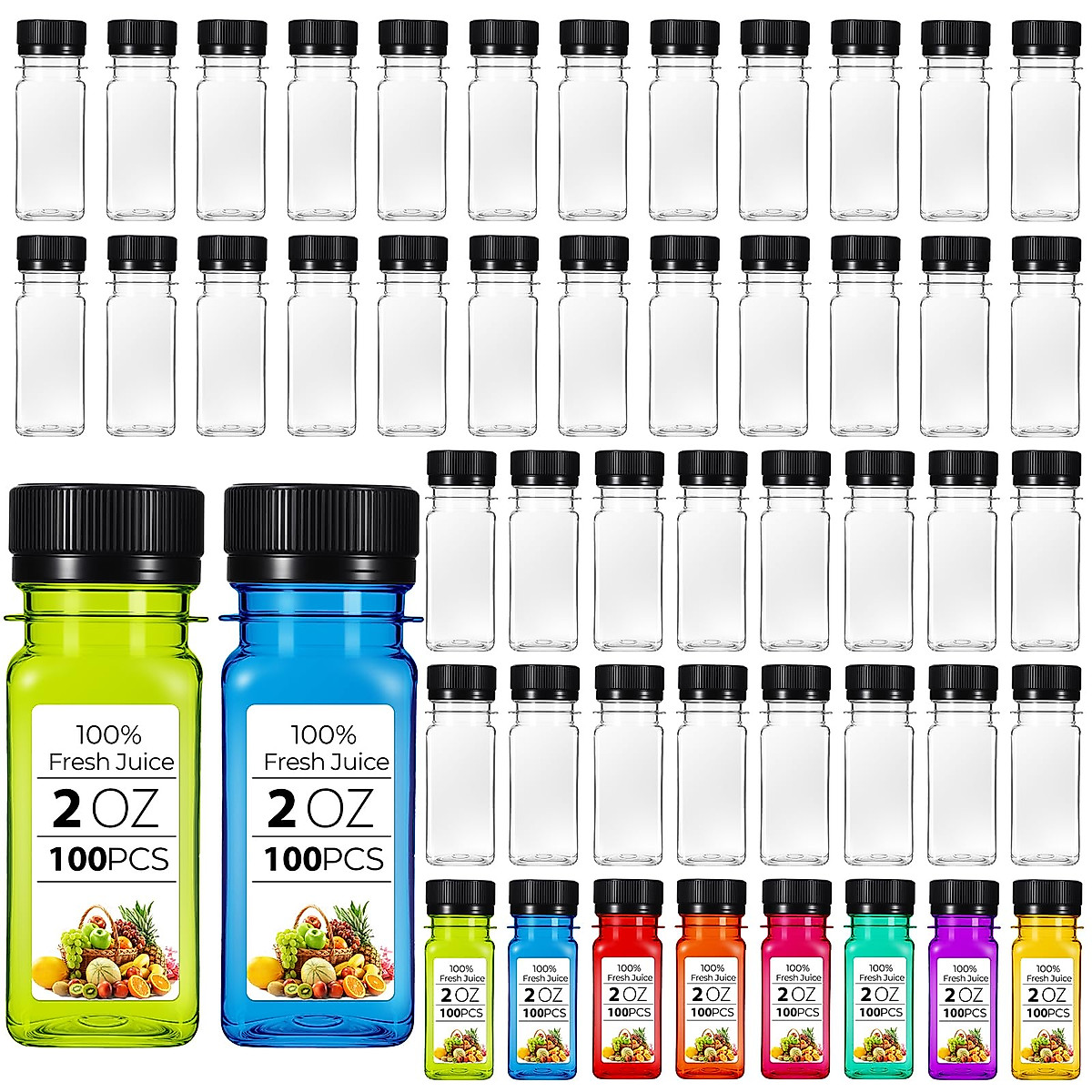 50 Pcs 2oz Clear Plastic Bottles, Mini Juice Bottle with Black Screw Lid, Juice Bottles Empty Reusable Liquid Vial Freezer Safe Drinking Beverage Container Leak Proof for Juice Milk Water Beverages