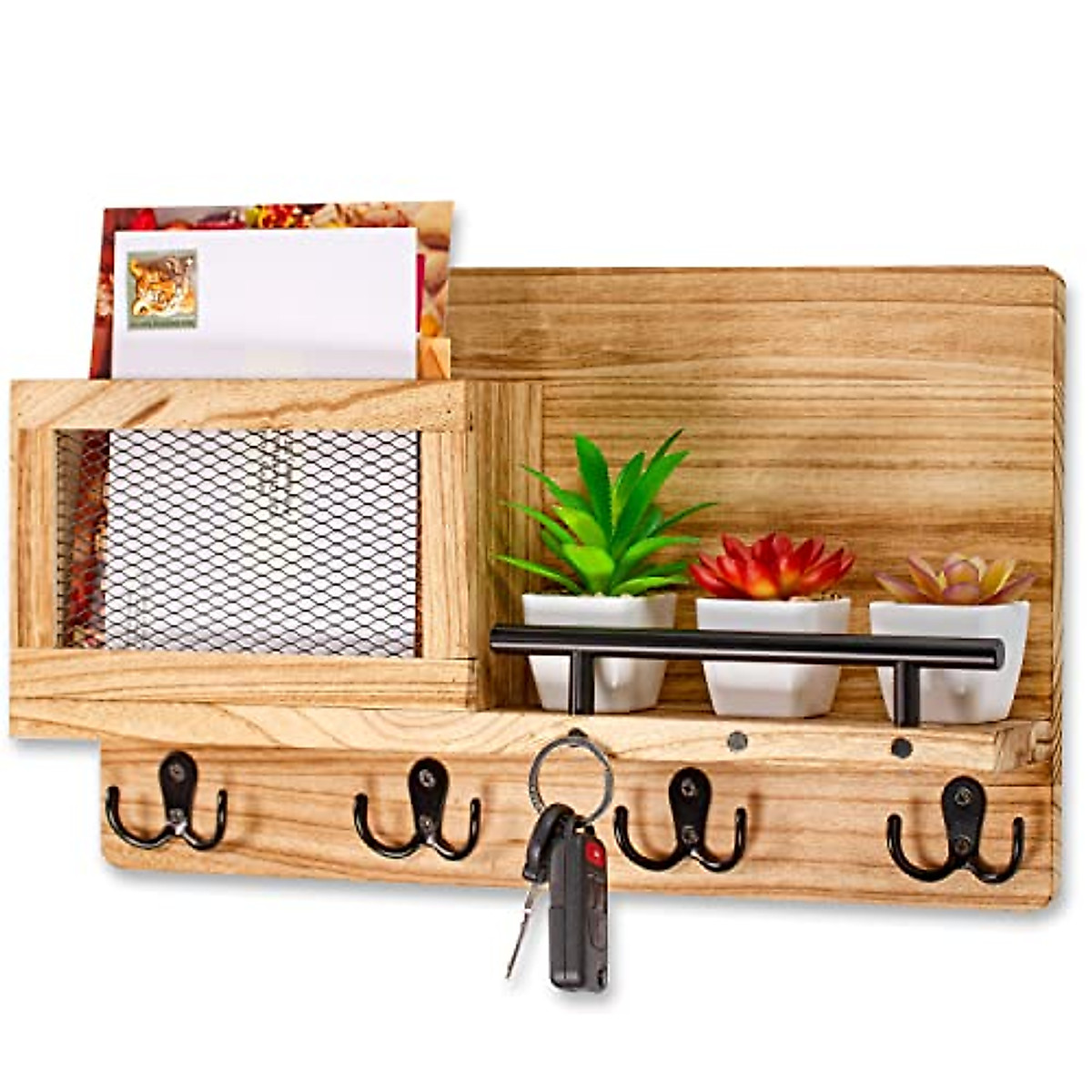 WallKeep Mail and Key Holder for Wall with Decorative Key Hooks - Wall Mount in Entryway, Mudroom or Office. Solid Wood Mail Organizer Floating Shelf Key Rack, Leash Holder and Key Hanger for Wall.