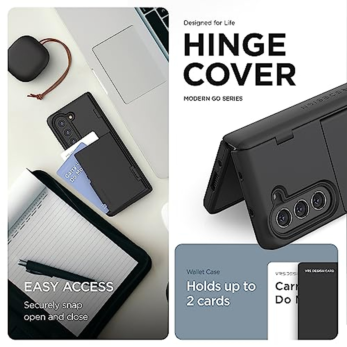 VRS DESIGN Phone Case for Samsung Galaxy Z Fold 5 5G (2023) [Terra Guard Modern GO] Holds up to 2 Cards Wallet Case, Hinge Protection Case with Tempered Glass Screen Protector (Matte Black)