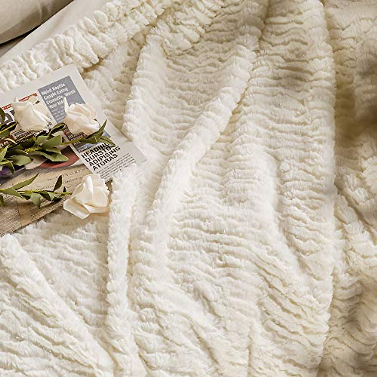Simple&Opulence Super Soft Throw Blanket - 50 x 60 inch -Reversible Double Layers Microfiber Plush Fluffy Cozy Chic Shaggy Shabby Cuddly for Home Décor Couch Ottomans (Cream)