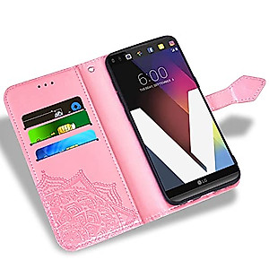 Compatible with LG V20 Wallet Case and Tempered Glass Screen Protector Leather Mandala Flower Flip Cover Credit Card Holder Stand Cell Accessories Phone Cases for LGV20 LG20 V 20 ThinQ Women Rose gold