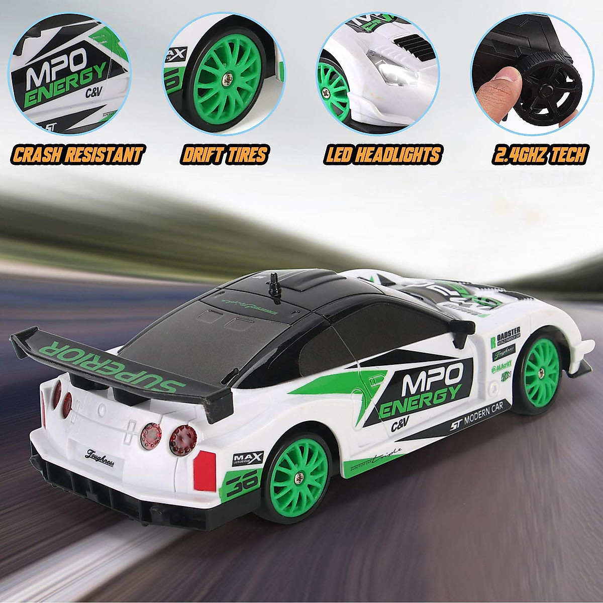 Liberty Imports RC Drift Car 1/24 2.4GHz 4WD Remote Control Sport Racing On-Road Vehicle with LED Light, Batteries and Drift Tires (White)