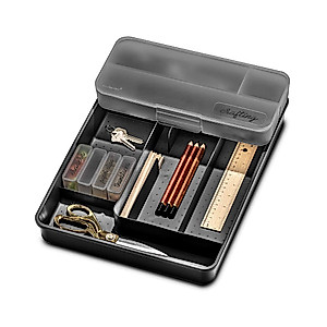 madesmart Junk Drawer Organizer Ultimate Tray-CARBON COLLECTION Multi-Purpose, Portable Top Case & Lidded Bins, Non-Slip Feet & BPA-Free, Large