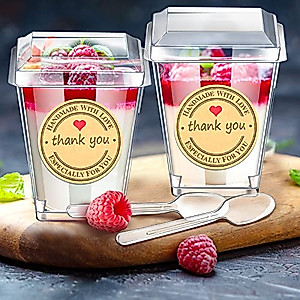100 Packs Clear Plastic Dessert Cups with Spoons and Stickers, 6 oz Small Clear Plastic Parfait Cup Disposable Appetizer Cup Shooter Cup for Dessert Appetizers, Puddings, Mousse, Ice Cream (Square)