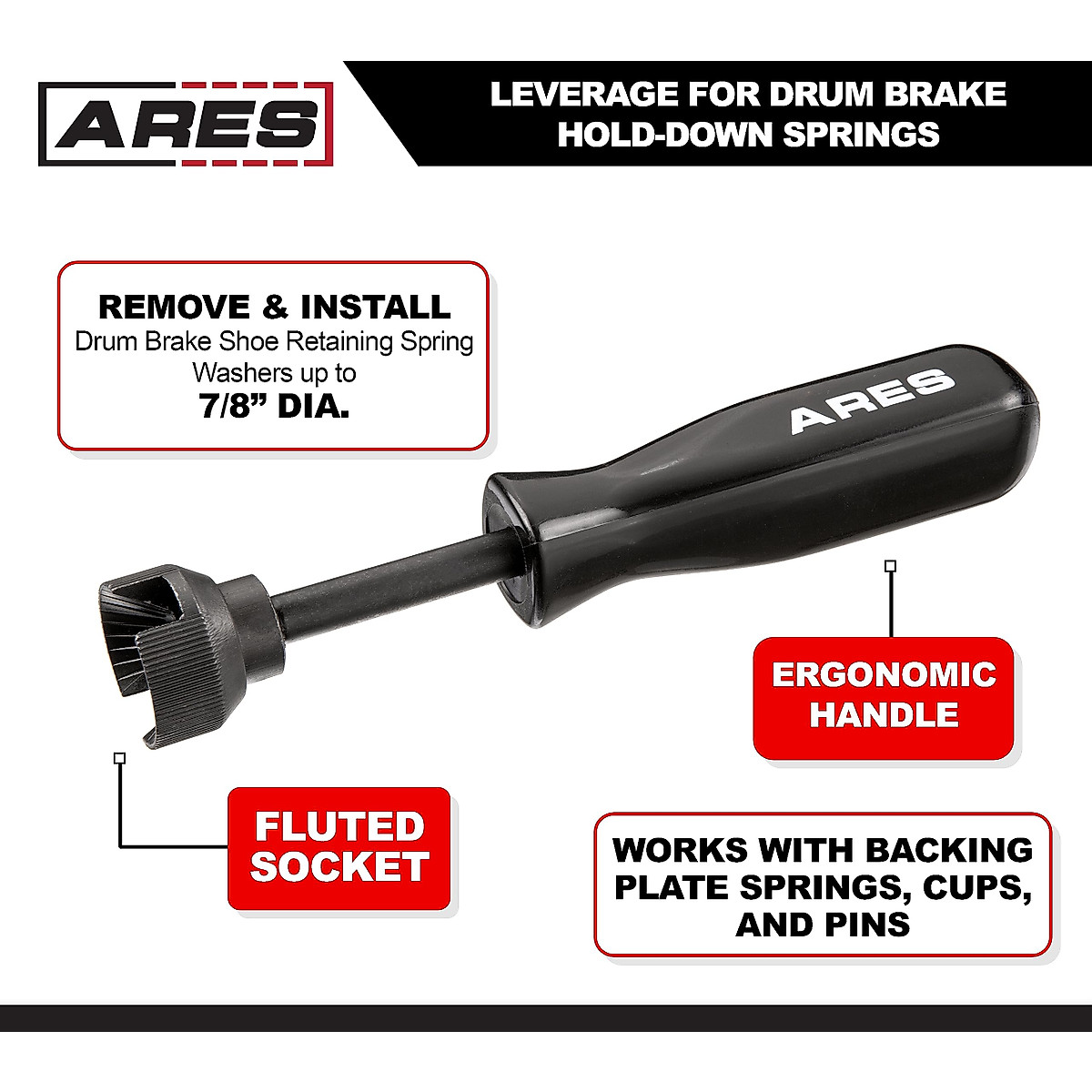 ARES 70191 - Brake Spring Compressor Tool - Provides Leverage to Remove and Install Stubborn Hold-Down Springs of Drum Brakes