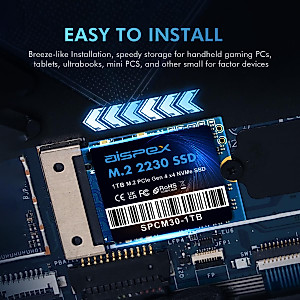 AISPEX M.2 2230 SSD 1TB PCIe Gen 4.0 x4 NVMe Internal Solid State Drive, Up to 3600MB/S Compatible with Steam Deck, Surface Pro X, Dell HP Lenovo Laptop, Ultrabook Tablet