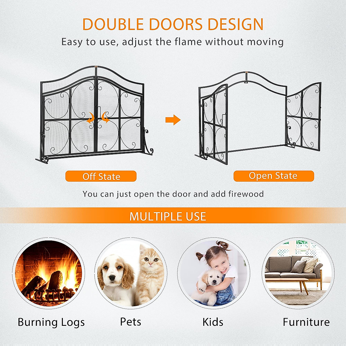 VIVOHOME 43.3 x 34 Inch Wrought Iron Fireplace Screen with Doors Metal Decorative Mesh Fire Spark Large Flat Guard Gate Cover Fireplace Barrier Panels Black