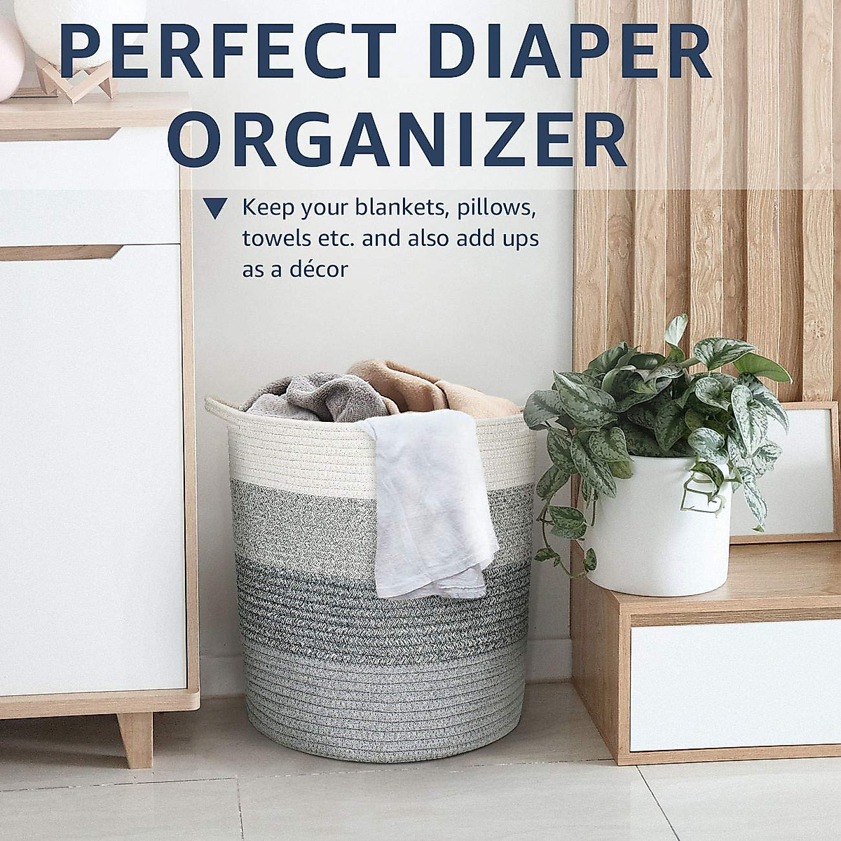 COSYLAND Large 15.7“x15.7“x10“ Storage Laundry Basket Woven Cotton Rope Organizer for Blanket Toys Towels Baby Nursery Hamper Bin with Handle