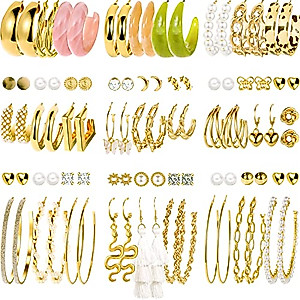 45 Pairs Gold Hoop Earrings for Women, Chunky Twisted Small Big Hoops Earring Packs Set, Earrings for women multipack, Fashion Trendy Earrings Jewelry for Birthday Party Christmas Gift