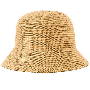 Lightbird Women Woven Bucket Hat, Mesh Beach Sun Hat Foldable Travel Fisherman's Hat Fishing Cap for Spring Summer Fall (Khaki)