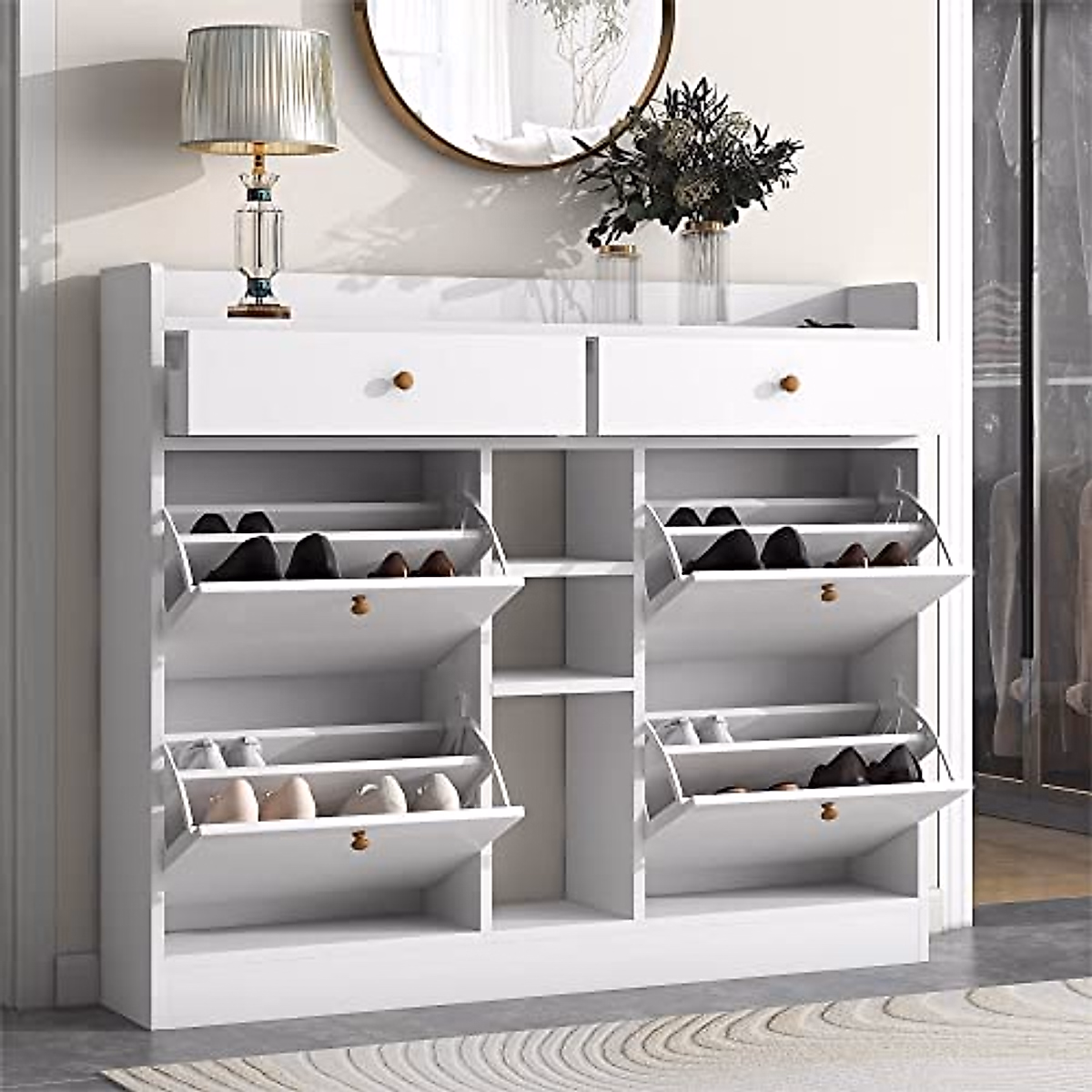 CEMKAR Modern Shoe Cabinet with 4 Flip Drawers, Multifunctional 2-Tier Shoe Storage Organizer with Drawers, Free Standing Shoe Rack for Entrance Hallway (White)