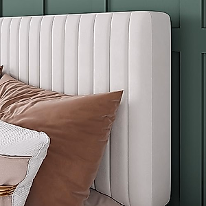 Allewie Full Bed Frame, Velvet Upholstered Platform Bed with Adjustable Vertical Channel Tufted Headboard, Mattress Foundation with Strong Wooden Slats, Box Spring Optional, Easy Assembly, Off-White