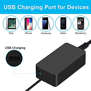 Surface Pro 1 & 2 Surface 2 Charger 48W Power Supply AC Adapter for Microsoft Surface Pro1 Surface Pro 2 Surface RT & RT2 1512 1536 1601 i5 i7 Tablet with 5V 1A USB Charging Port
