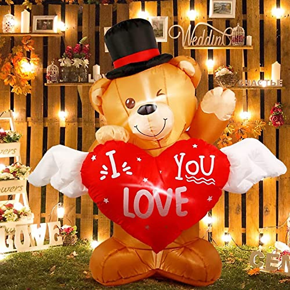 AerWo 4 FT Valentines Day Inflatable Bear with Love Heart, Lighted Valentines Inflatables Teddy Bear Blow Up Yard Outdoor Garden Home Party Wedding Decor, Romantic Sweet Valentines Gift