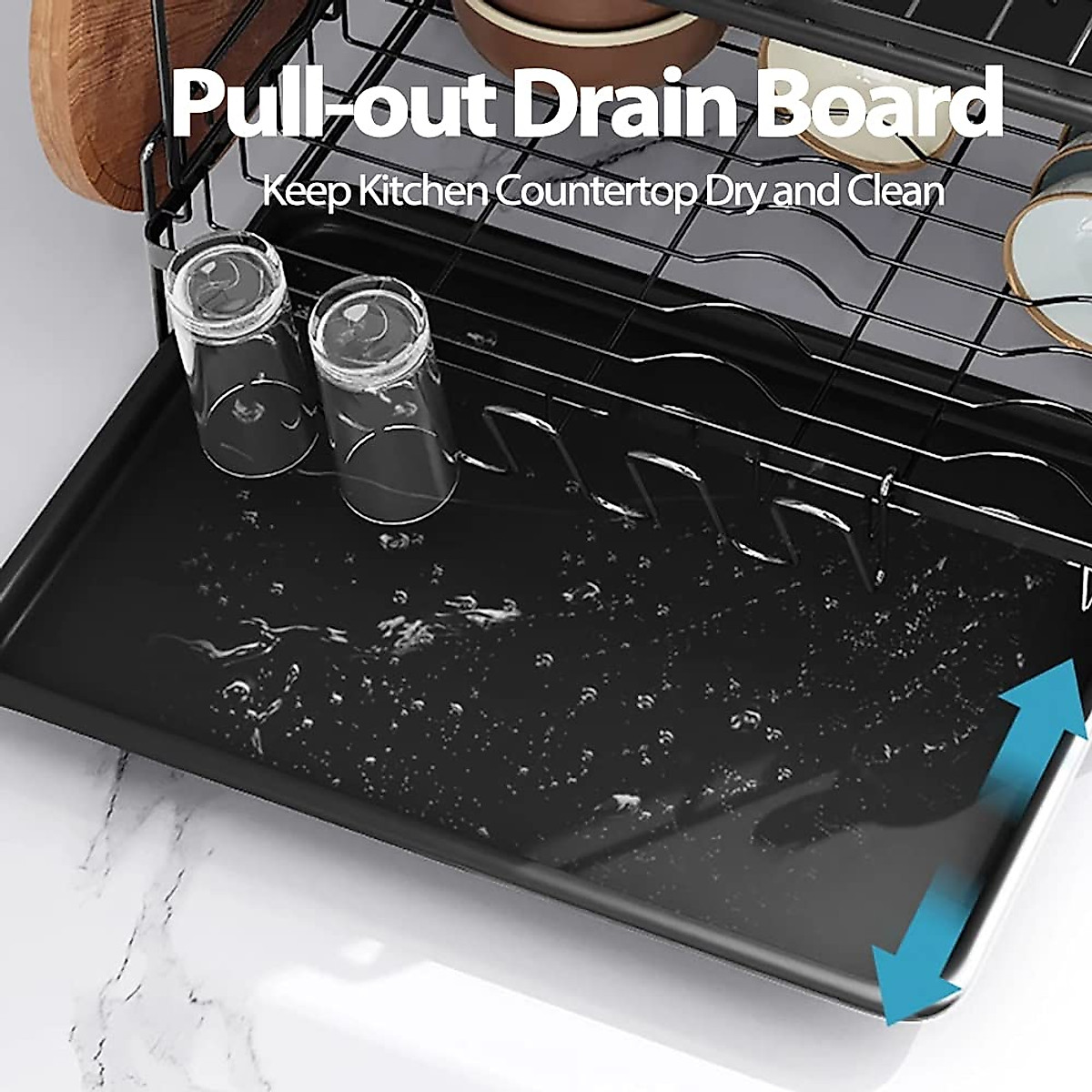 LEACHUTT Dish Drying Rack, 2 Tier Kitchen Dish Rack and Drainboard Set with Utensil, Cutlery and Cup Holder for Countertop, Large Rust-Proof Steel Dish Drainer for Plates, Mugs, Bowls, Knives, Black