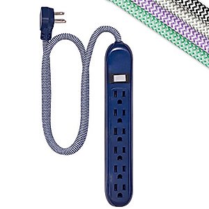 Cordinate 6-Outlet Surge Protector, Power Strip, Flat Plug, Braided Cord, Decorative, 3 ft Power Cord, Wall Mount, Tangle-Free, Warranty, Navy, 44202
