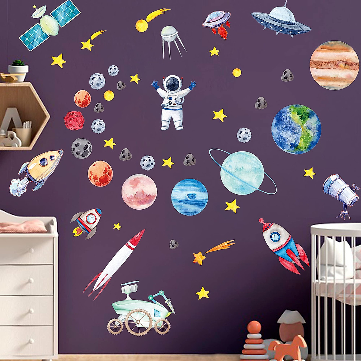 Glow in The Dark Planet and Solar System Wall Stickers for Ceiling,Glow Space Galaxy Wall Stickers Astronaut Rocket Spacecraft Alien Wall Decals for Boys Toddler Kids Bedroom Wall Decor
