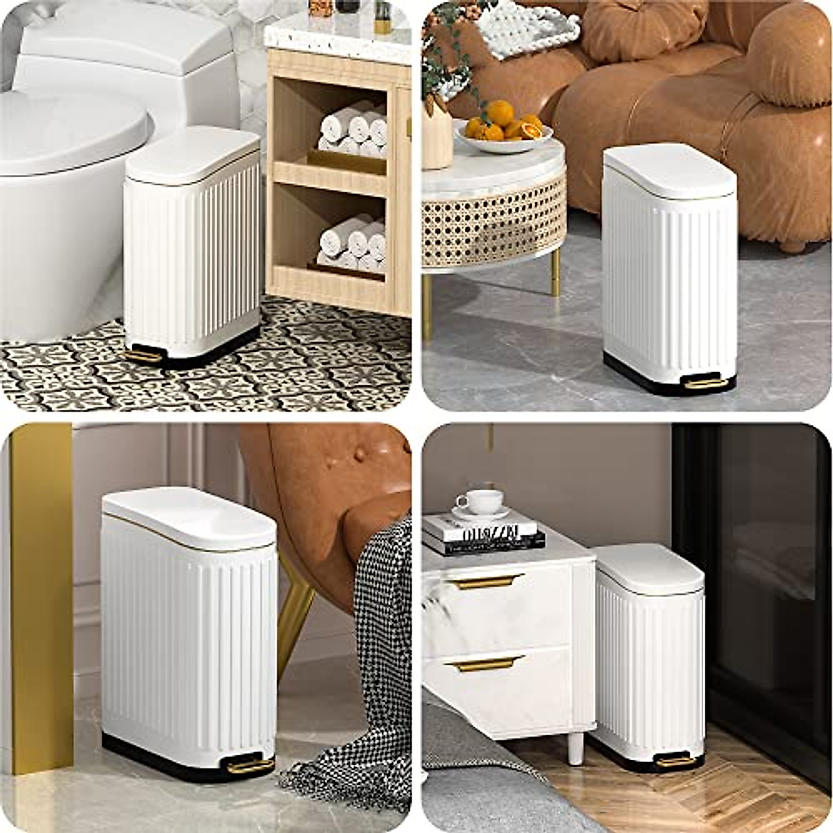 Doyingus Trash Can with Lid Soft Close 2.6 Gal, Small Stainless Steel Step Trash Bin for Bathroom, Slim Garbage Can with Inner Wastebasket for Bedroom, Office, Kitchen (White)