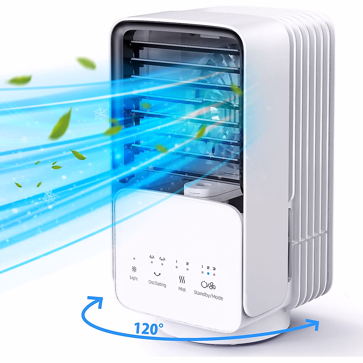 Portable Air Conditioner Fan, Evaporative Air Cooler, USB Personal Desktop Cooling Fan with 3 Speeds, LED Light, 120°Oscillation, 2 Mist Adjustments as Humidifier, Small Air Cooler for Room, Bedroom
