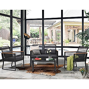 Patiorama 4 Piece Patio Furniture Set, Outdoor Wicker Bistro Set, All-Weather Black PE Rattan Conversation Set w/Coffee Table, Loveseat, Wood-Like Armrest, Cushions for Garden Balcony Deck, Dark Grey
