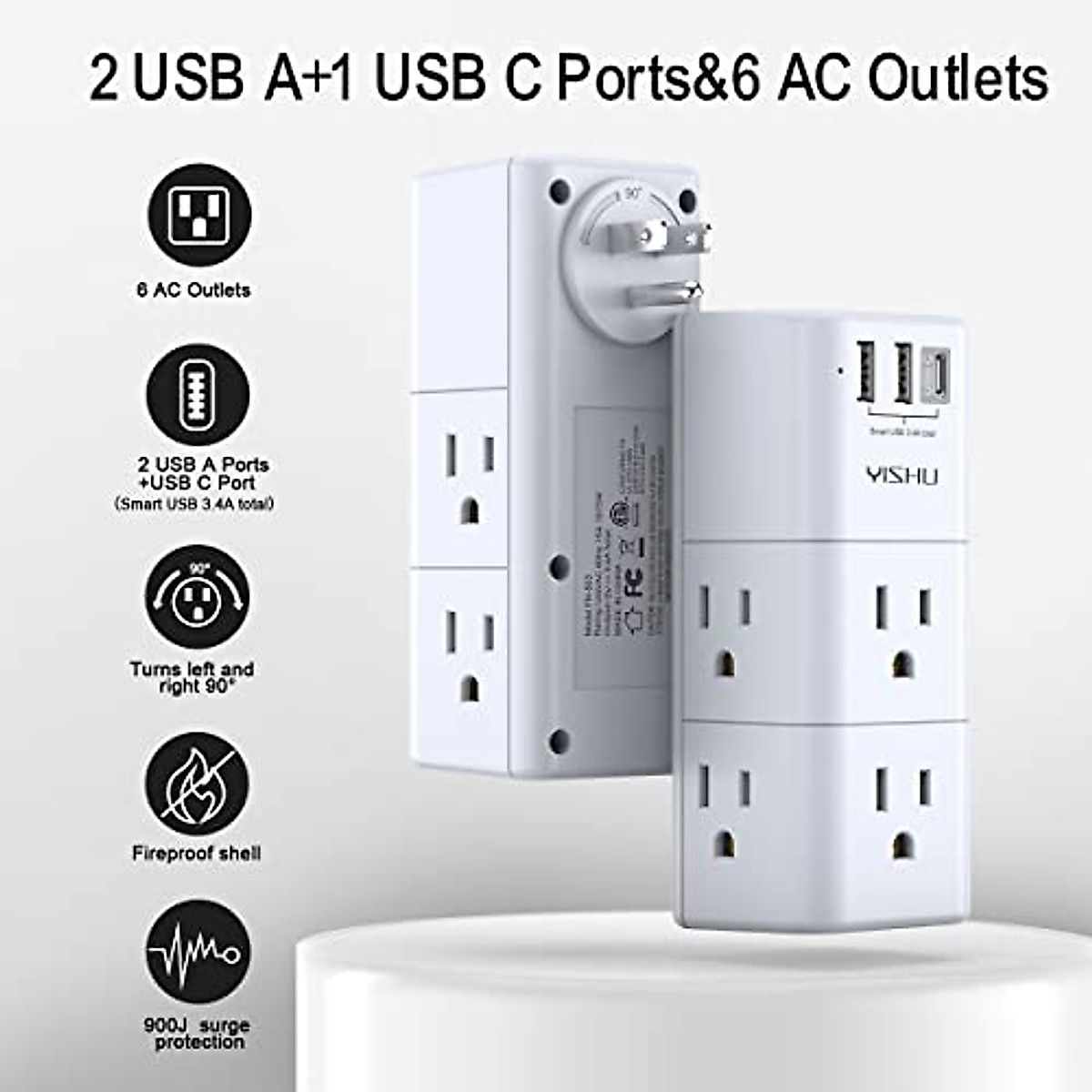 USB Multi Plug Outlet Extender - YISHU Surge Protector with Rotating Plug, 6 AC Plug Extender with 3 USB Ports, 3-Sided Swivel Power Strip with Spaced Outlet Splitter for Home, Office, Travel