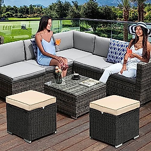 YITAHOME Set of 2 Wicker Ottomans, All Weather Rattan Wicker Ottoman Seat for Patio, Backyard, Additional Seating, Footrest, Side Table w/Storage, Removable Cushions - Brown/Beige