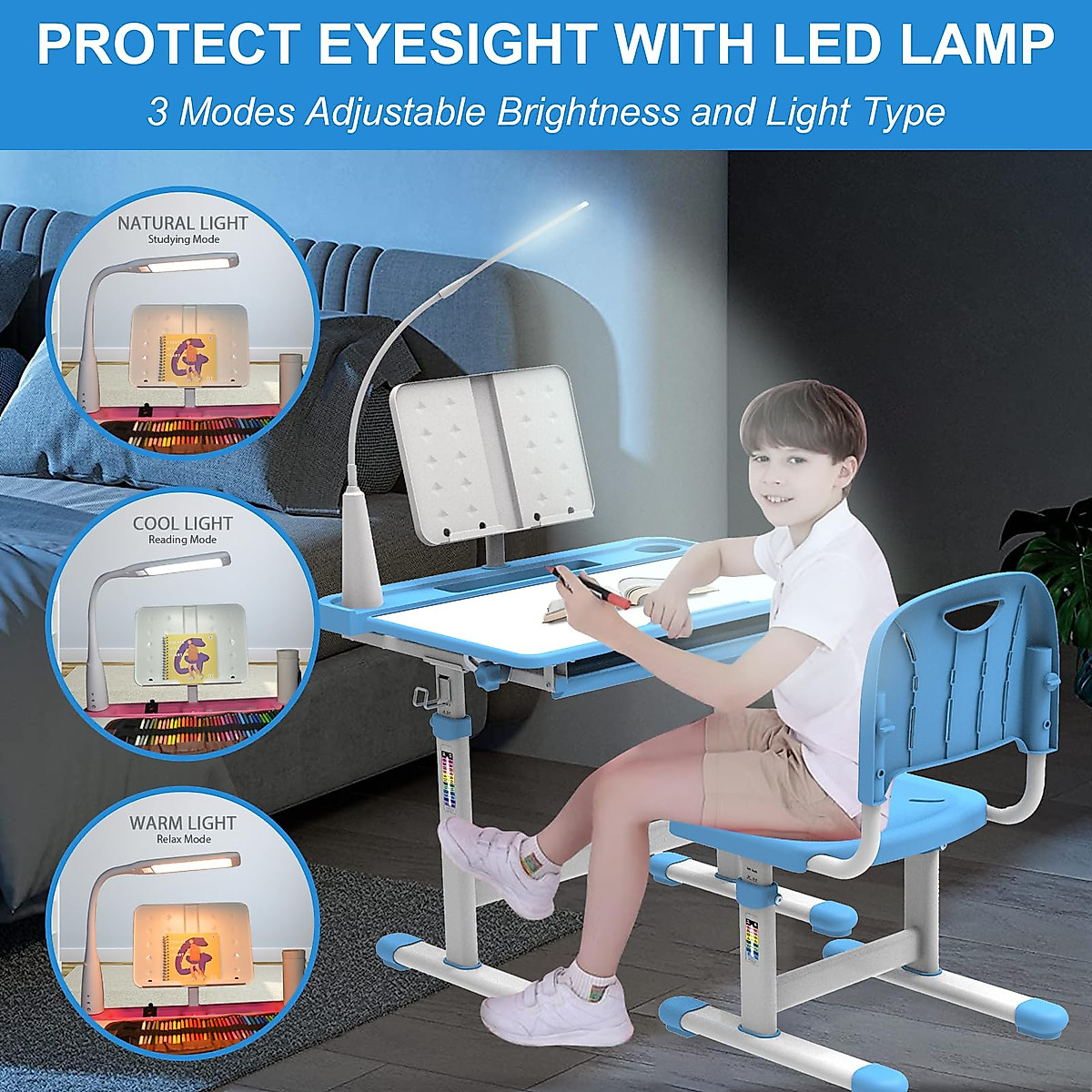 BELANITAS Kids Desk and Chair Set 10-12 Years Old Height Adjustable School Desk,Ergonomic Student Table for Kids with Tilt-able Desktop,Kids Study Desk for Go Back School Gift Blue