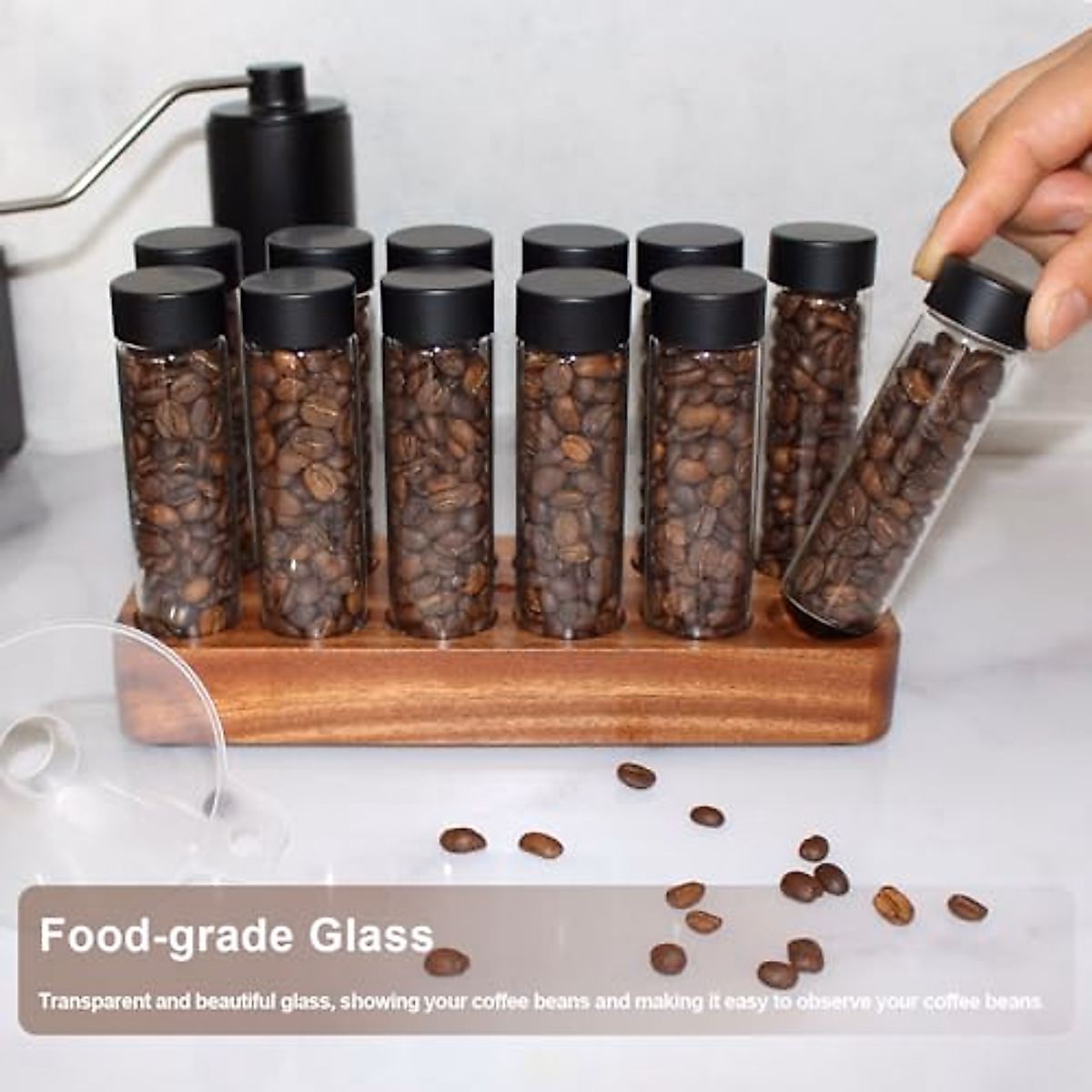 Single Dose Coffee Bean Storage Tubes - 12pcs Coffee Beans Container,Coffee Vials dosing container,glass espresso container with Wood Display Stand and Funnel(Tube1)