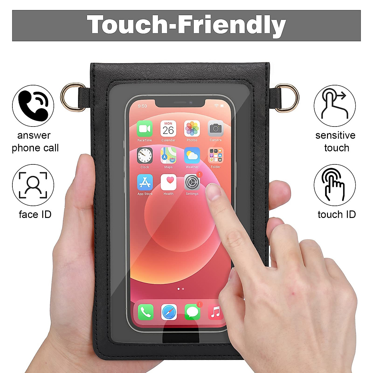 MILEGI Cell Phone Purse, Small Purses for Women Crossbody Touch Screen Purse Valentine's Day Bag for Her（Black）