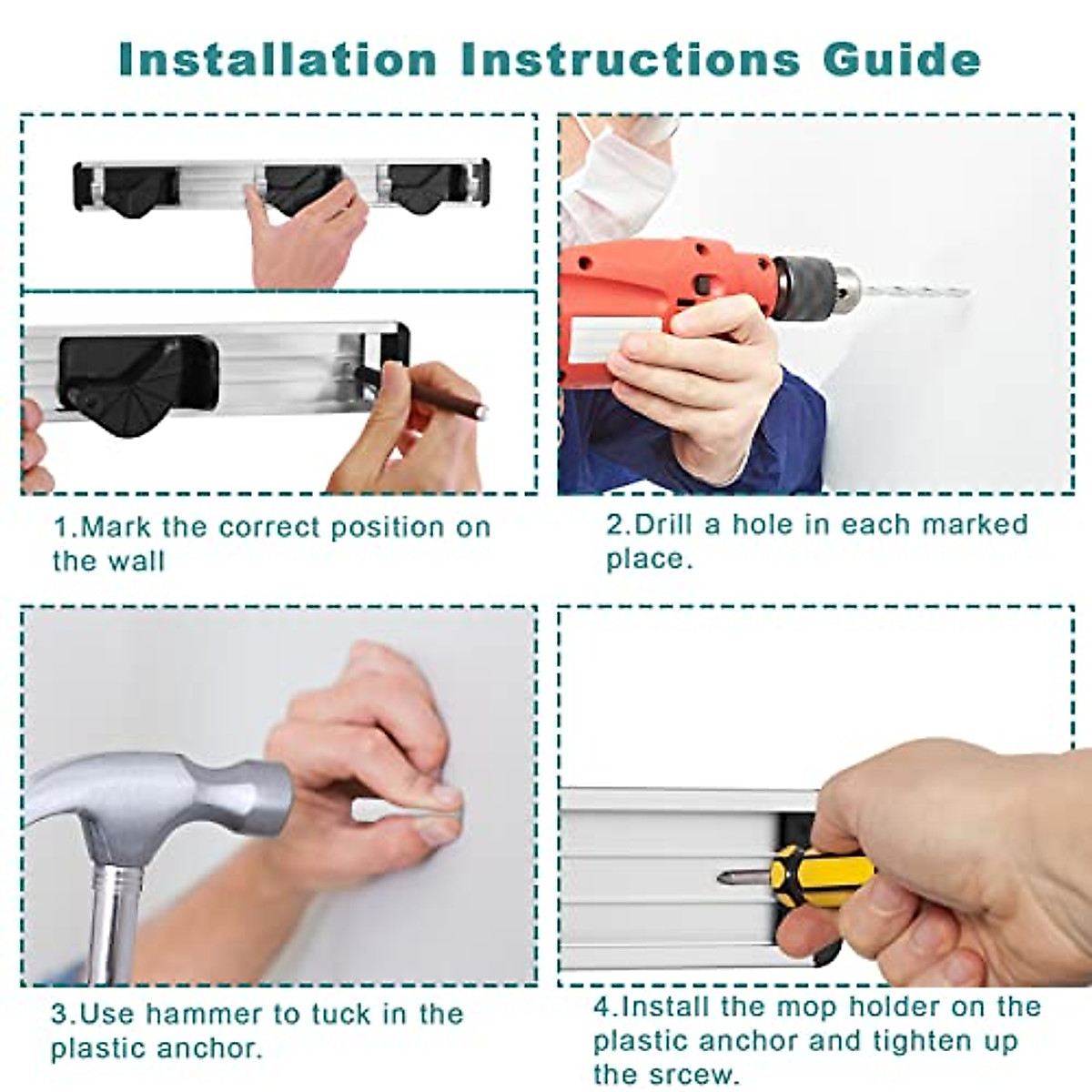 Broom Holder Wall Mount Sangle Sopffy Tool Organizer Broom Rack Anti-Slip Mop Organizer Garage Laundry Room Storage Mop and Broom Holder Wall Mount with 3 Positions 4 Hooks 16.4 inch (Black)