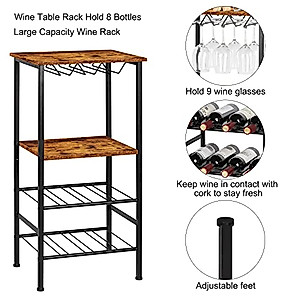 Wine Rack Freestanding Floor, Wine Rack Table Wine Bar Cabinet with Glass Holder Wine Rack with Storage Shelves Wine Rack Shelf Stand Wine Display Rack Hold 8 Bottle and 9 Glasses, Industrial Brown