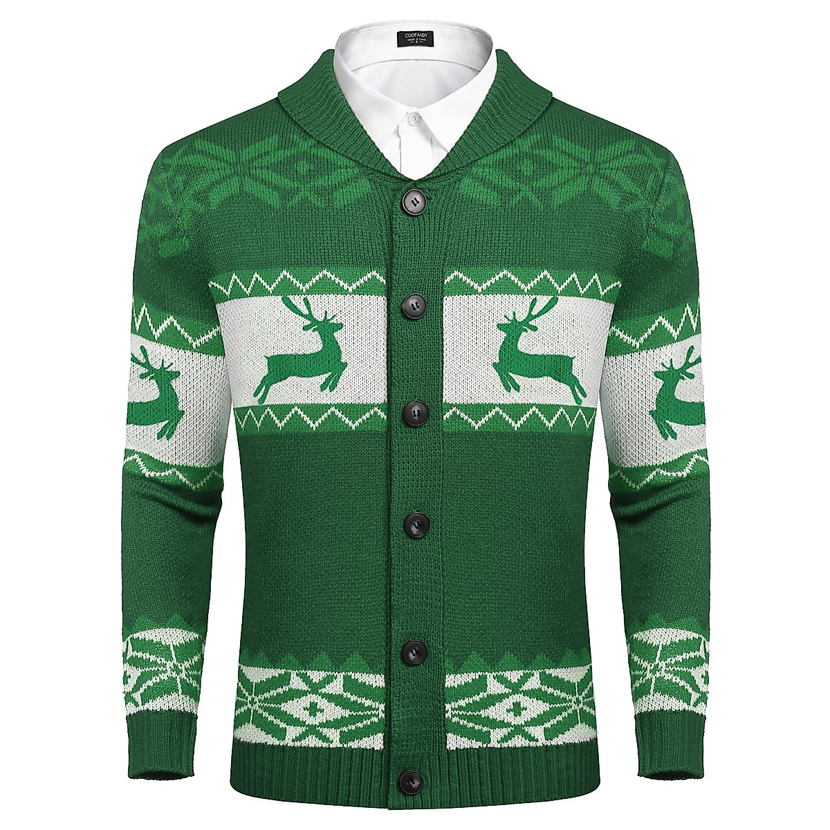 COOFANDY Mens Ugly Christmas Xmas Cardigan Sweater X-Mas Shawl Collar Button Front Knit Sweaters (Green L)