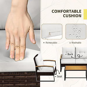 Outsunny 4 Piece Patio Furniture Set with 2 Chairs, Loveseat Sofa, Wood Table, Rattan Motifs, Tufted Cushions, Outdoor Conversation Set for Backyard, Lawn and Pool, White