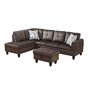 EOVTK L-Shape Upholstered Sectional Sofa Set with Left Facing Chaise Lounge and Storage Ottoman, 97'' Flannel Corner Couch for Living Room Furniture Apartment and Office, Dark Brown