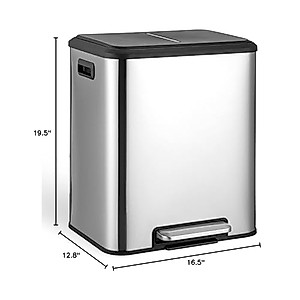 Fashionwu 30 Liter/8 Gallon Trash Can, Rectangular Dual Compartment Kitchen Trash, Stainless Steel Garbage Can with 2 x 15L Inner Buckets, Smudge Resistant Trash Can with Lid & Foot Pedal, Hands-Free