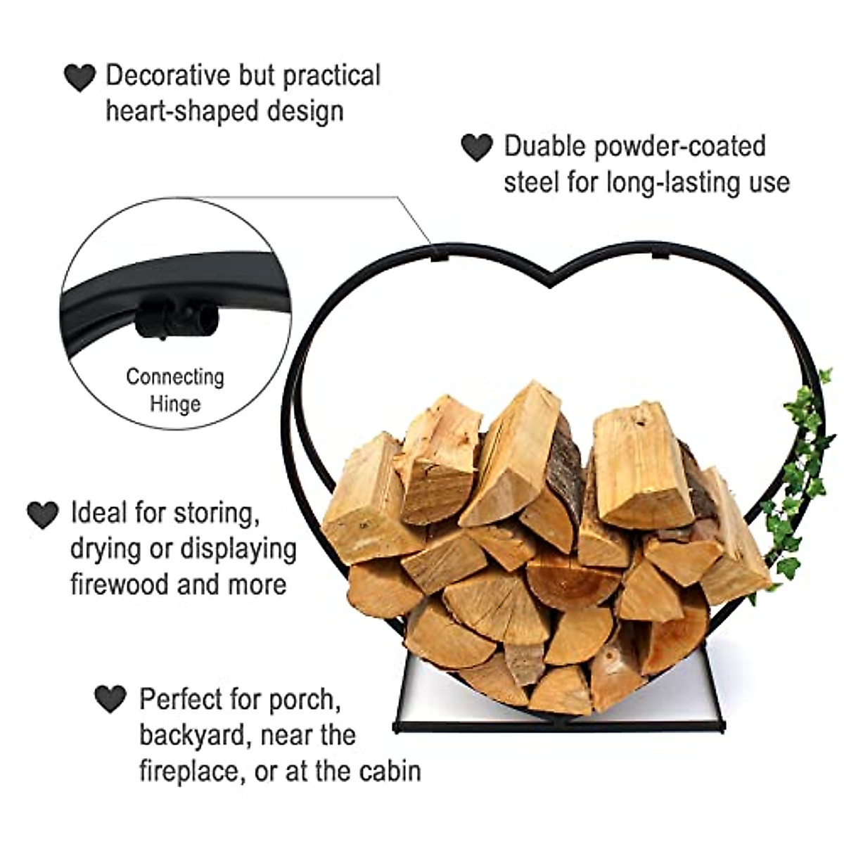 Westcharm 21.5" Metal Heart Shaped Firewood Log Rack | Black Firewood Holder Storage Rack | Fireplace Wood Storage Shelf for Outdoor Indoor Décor - Small