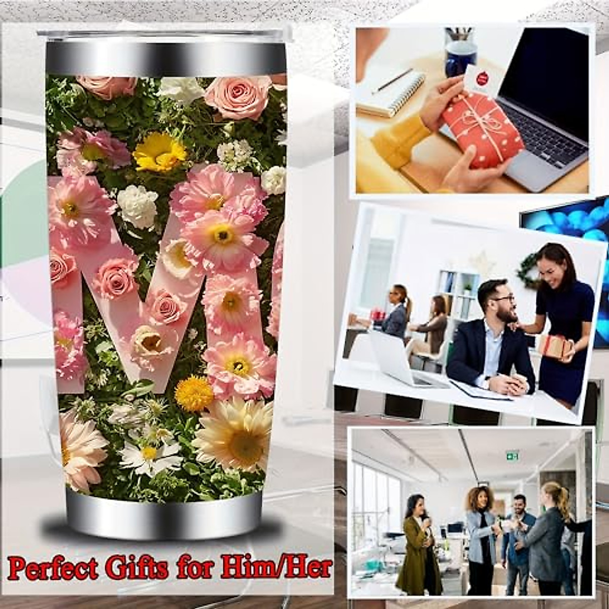 FOCIUZTA 20oz Pink, White & Yellow Floral MOM Lettering Tumbler with lid, Travel Coffee Cup, Ideal for Easter, Mother Day, and birthday gifts