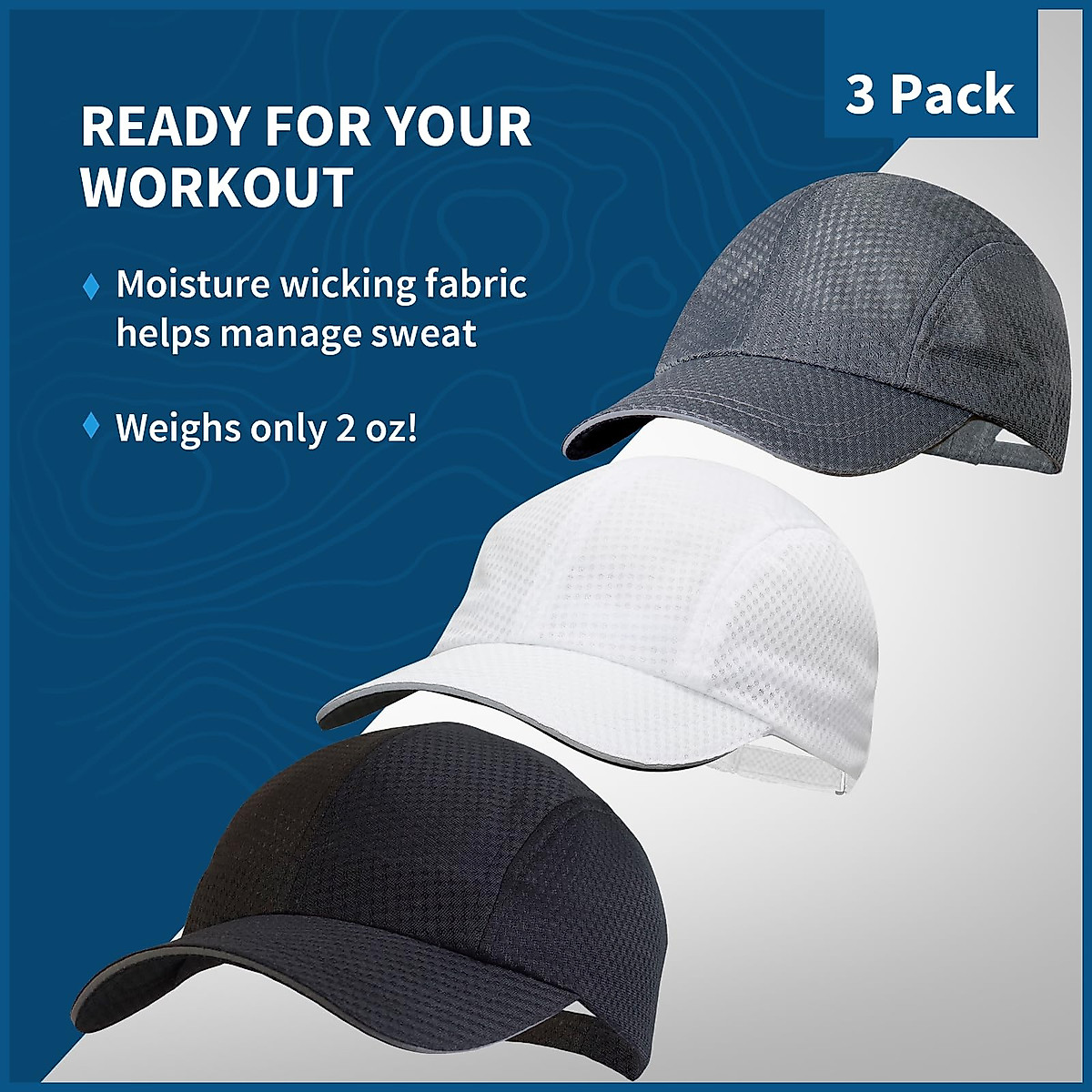 TrailHeads Performance Mens Running Hat - Lightweight, Quick Dry Workout Hats for Men - Athletic Sports Cap for Tennis, Gym - White/Black/Charcoal 3-Pack