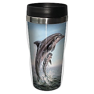 Dolphin Leaping Travel Mug, Stainless Lined Coffee Tumbler, 16-Ounce - Linda Thompson - Gift for Ocean Animal Lovers - Tree-Free Greetings