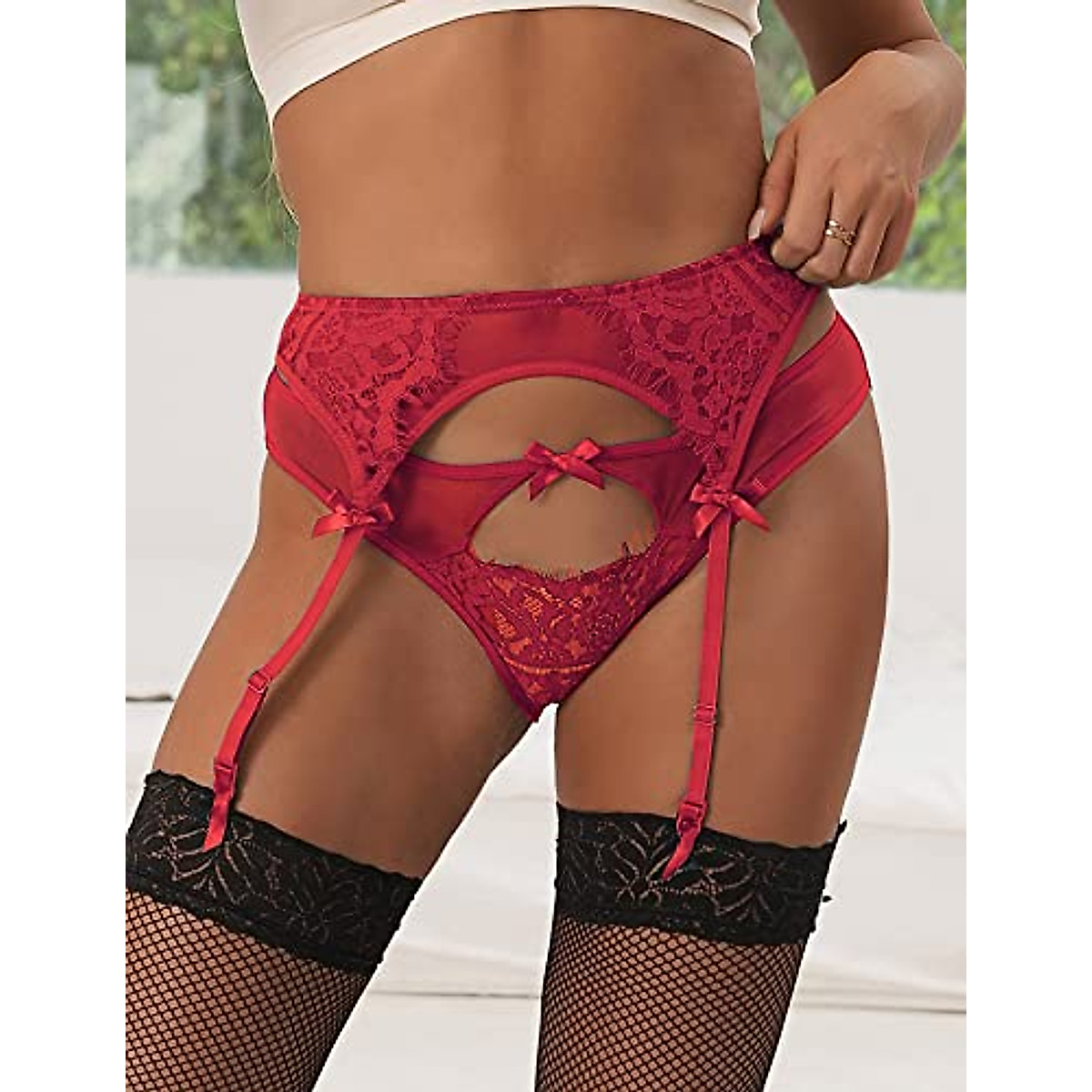 ohmydear Women Lace Garter Belts Plus Size High Waisted Suspender Belt with 4 Metal Clips for Thigh High Stockings
