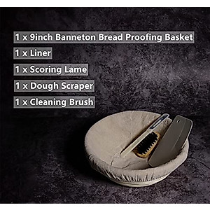 Banneton Bread Proofing Basket set, for Sourdough Bread Baking, Brotform Dough Rising Bowl, 9inch Round Rattan Basket with Baking Tools Kit, Cloth Liner, Scoring Lame, Scraper, Brush, Gifts for Bakers