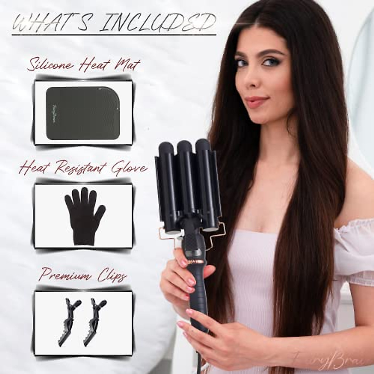 3 Barrel Curling Iron Wand - Triple Hair Waver & Crimper for Beach Waves Set, Ceramic Tourmaline with Adjustable Temperature - Hair Waver, Black