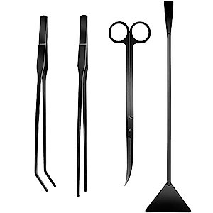 4Pcs Aquascaping Tools Kit, Long Stainless Steel Aquarium Plant Tools with Black Anti-rust Coating, Aquarium Tweezers, Scissors, and Scrapers for Aquascaping Cleaning（Free Magnetic Tool Holder）