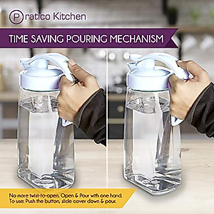 Pratico Kitchen QuickPour Water, Juice, and Beverage Airtight Pitcher, Made in Japan, 2.3 qt, 73 oz, White