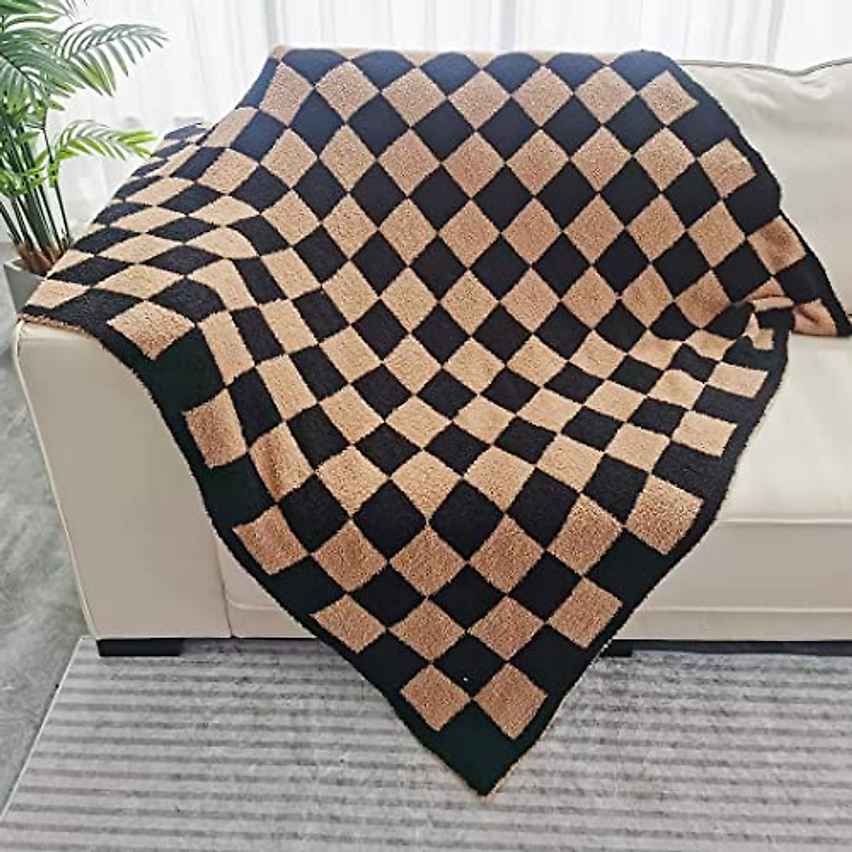 Fuzzy Checkered Throw Blanket Soft Cozy Lightweight Warm Reversible Blanket Preppy Aesthetic Decor for Couch,Chair,Sofa,Bed (Black/Camel, 51"x63")