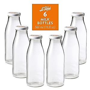 Le Parfait Bottles French Glass Milk Bottle with 48mm Printed Logo Airtight Metal Twist Cap | Used for Smoothie, Water Bottle, Preserved Tomato Sauce & other Soups | 16oz (Pack of 6) 500ml
